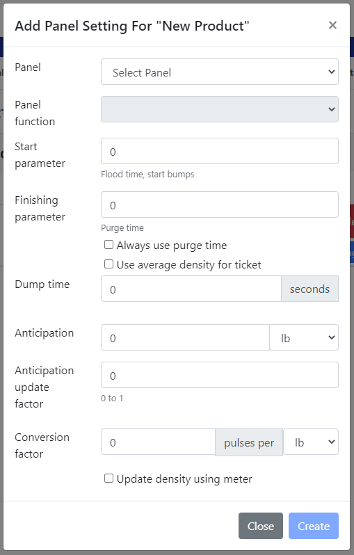 Panel Bulk Product Settings for Dry Systems